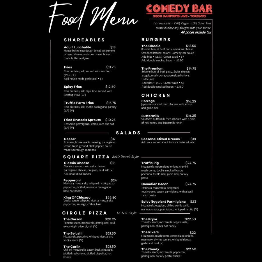 Menu | Comedy Bar